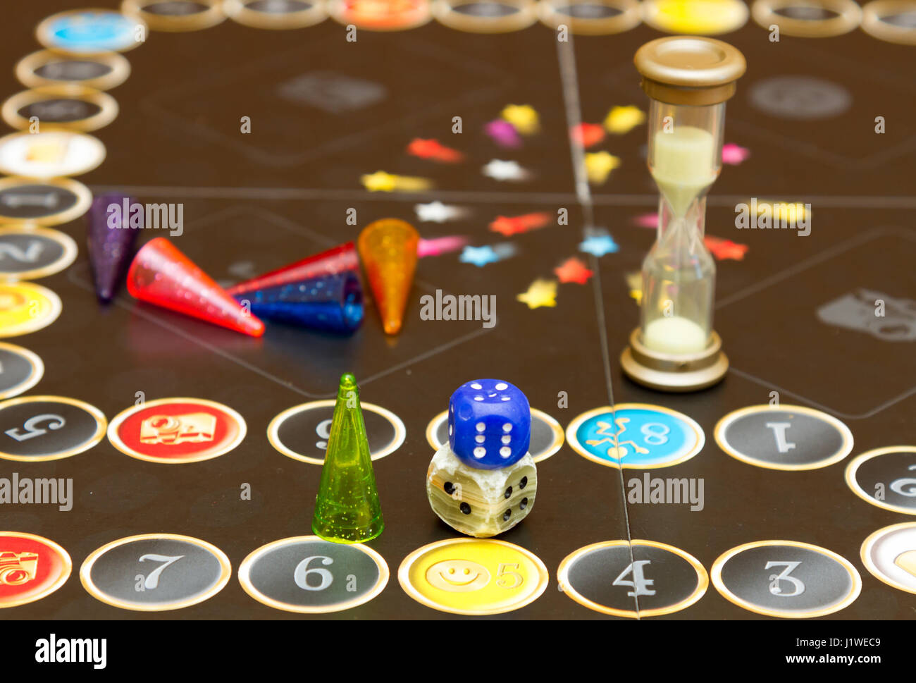 Blue, green and red plastic chips dice and Board games for children ...