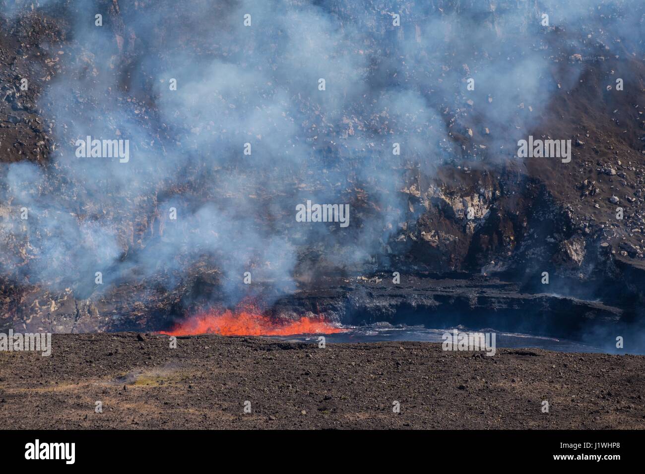 A lava pool bubbling as it emerges from the Halemaumau volcano crater ...