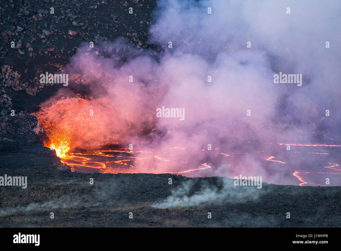 A lava pool bubbling as it emerges from the Halemaumau volcano crater ...