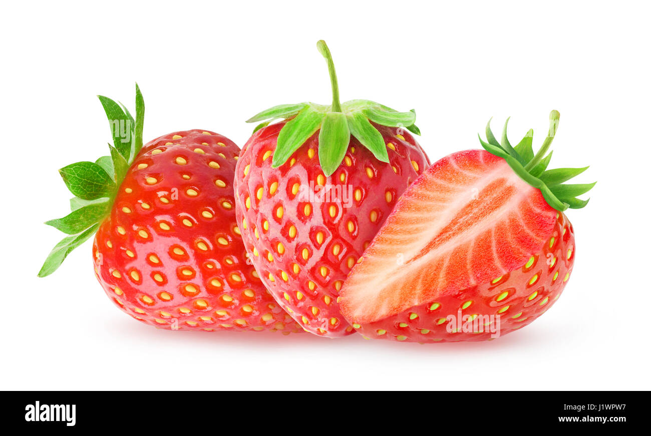 Isolated strawberries. Two whole strawberry fruits and one half ...