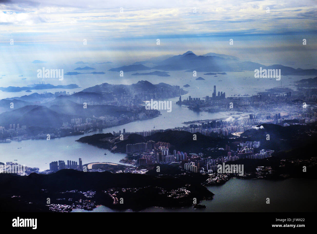 An aerial view of Hong Kong including Kowloon, Hong Kong Island, Lantau ...