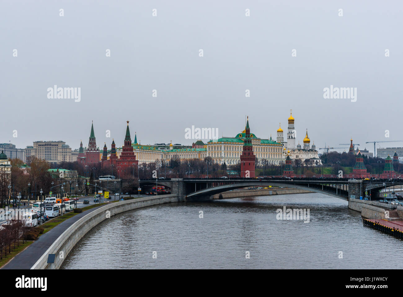 MOSCOW, APRIL 16, 2017: Moscow Kremlin and the Moscow river in rainy ...