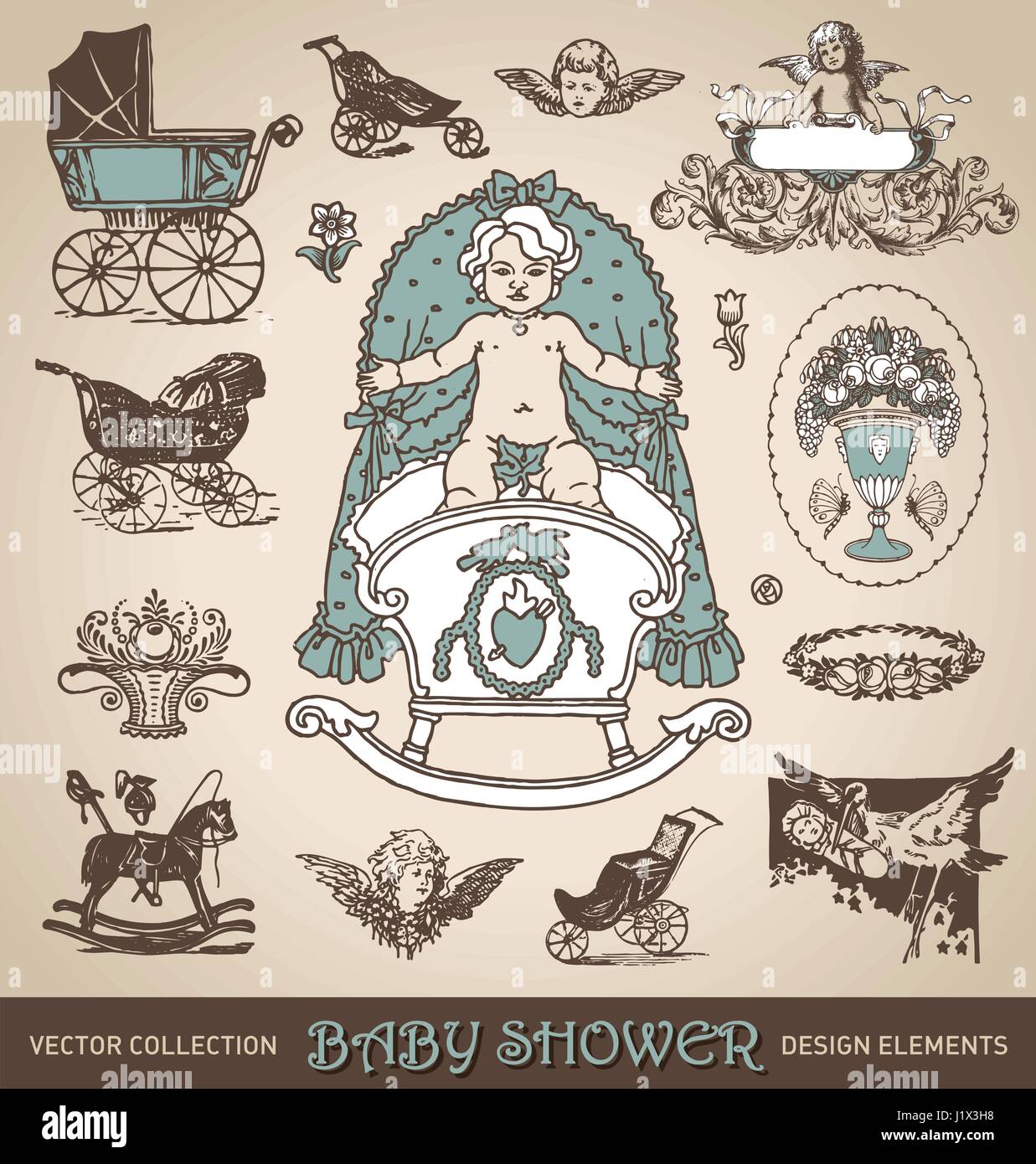 set of vintage illustrations and design elements, baby birth related ...