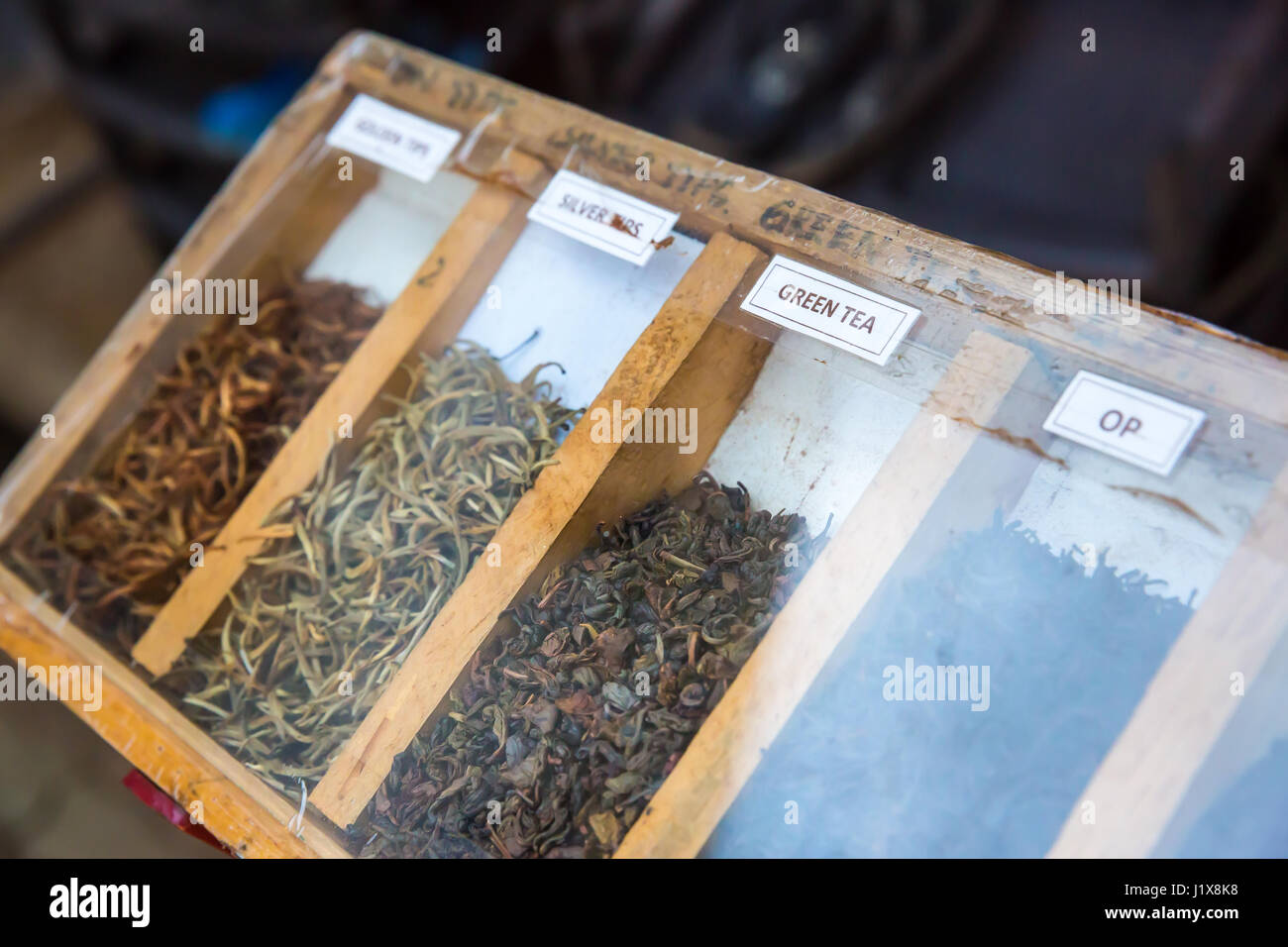 Collection of fresh Ceylon teas in boxes, closeup view. Aromatic ...