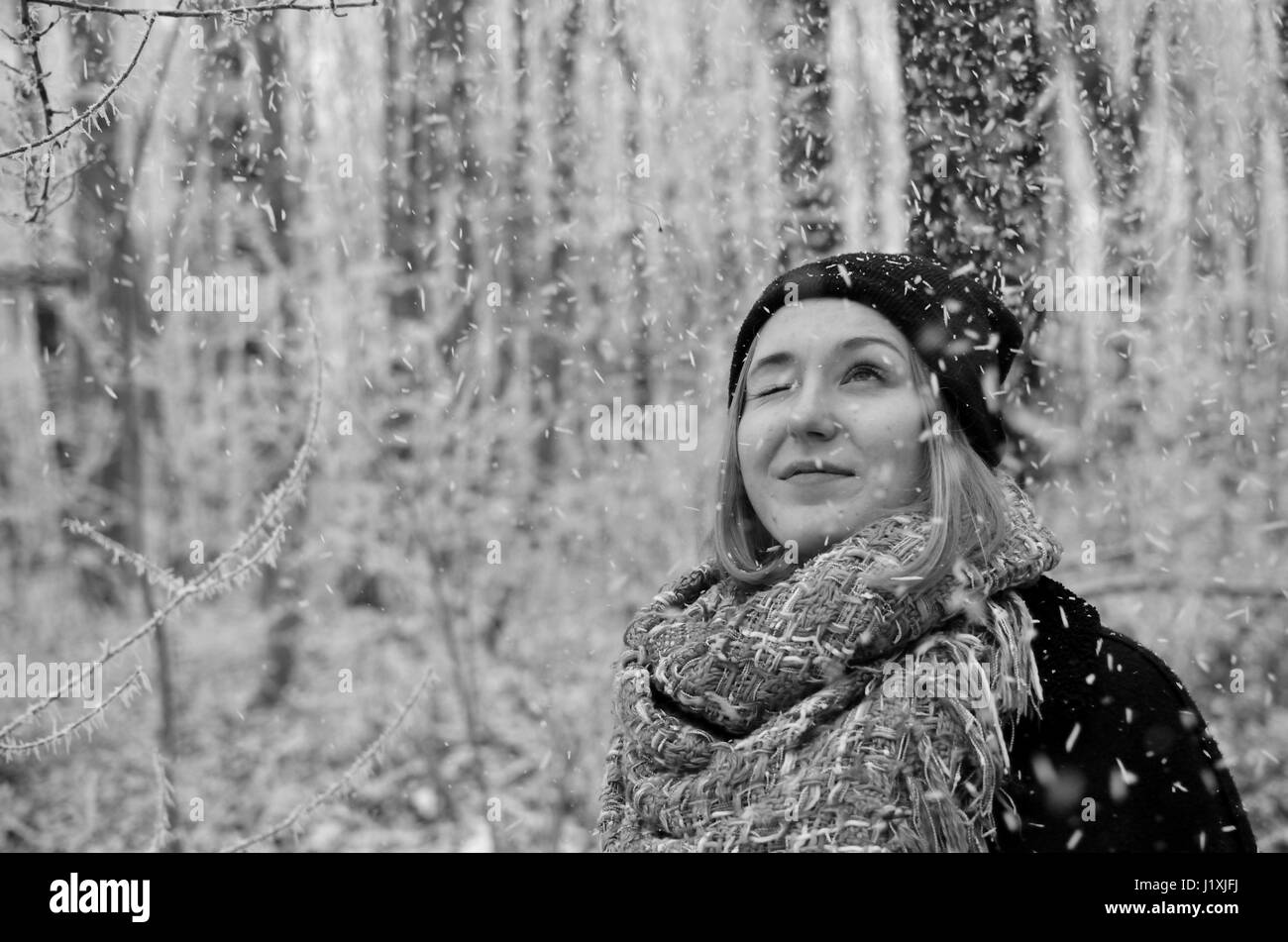 Snow falling on Girl Stock Photo - Alamy