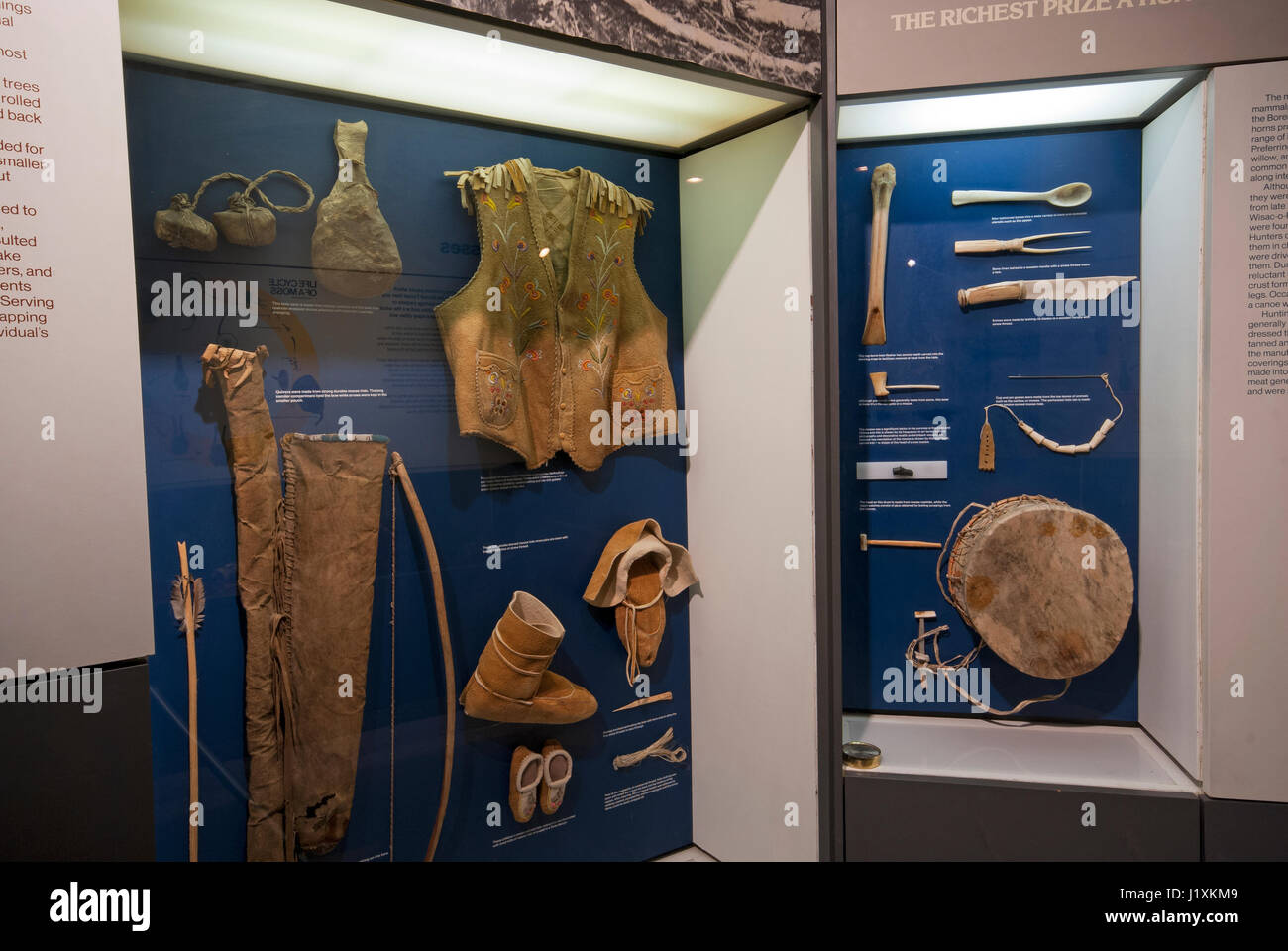 Clothing of Natives (made of moose skin) and objects made of wood and ...