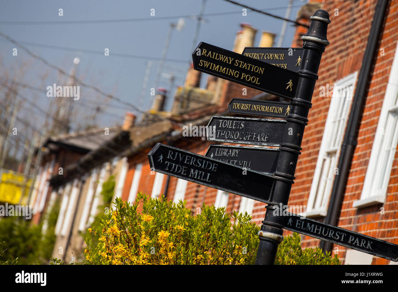 Signs and directions in Woodbridge, Suffolk Stock Photo - Alamy