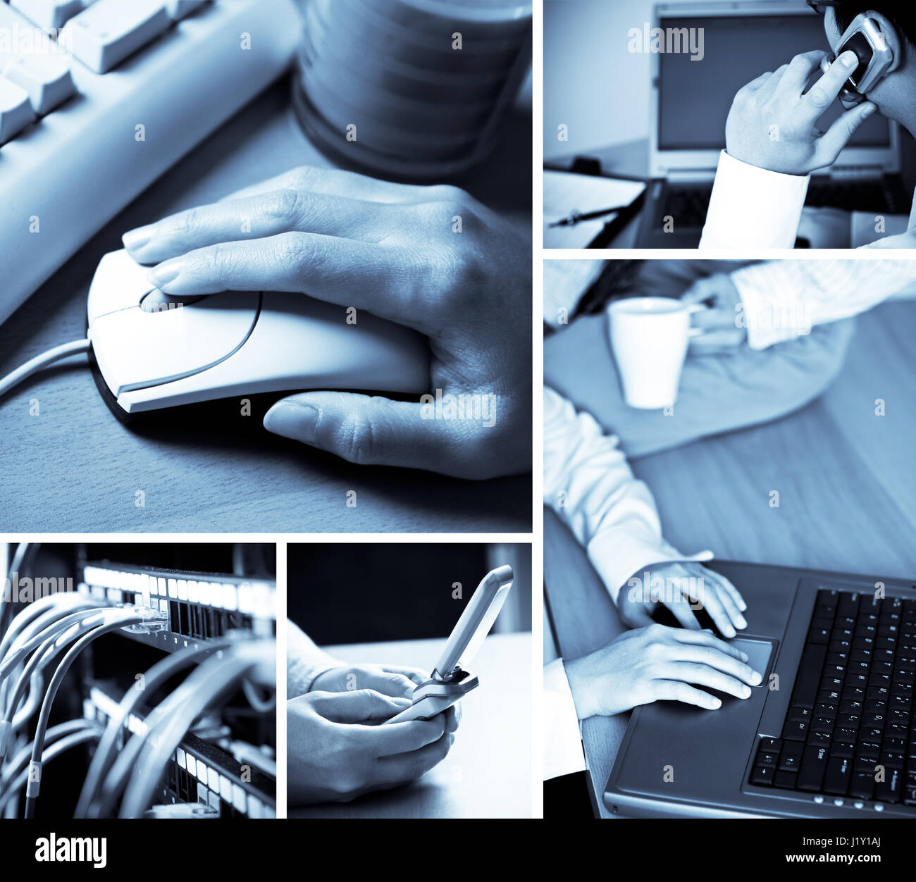 A collage of technology related images showing people working with ...