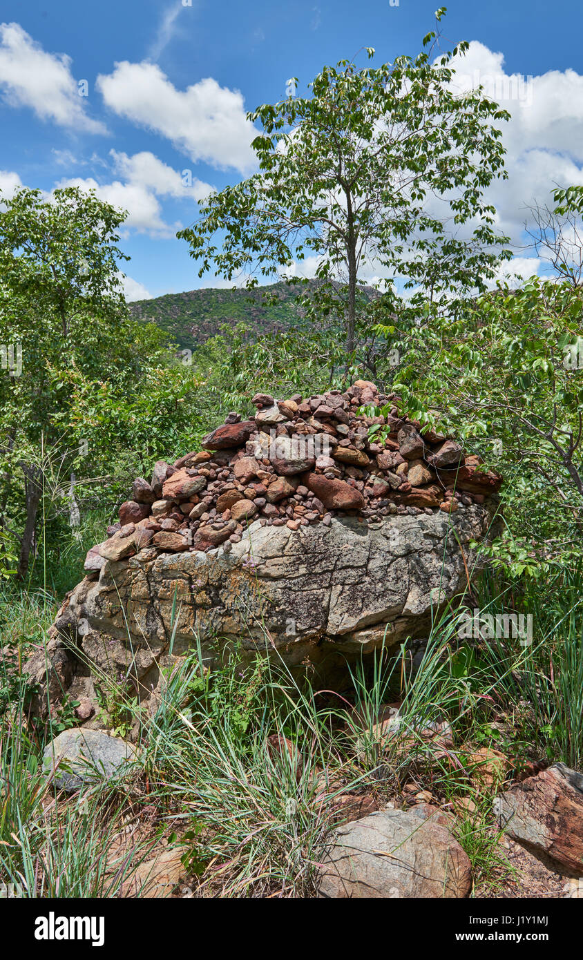 Ritual stone pile in landscape of Tsodilo Hills, Botswana, Africa ...