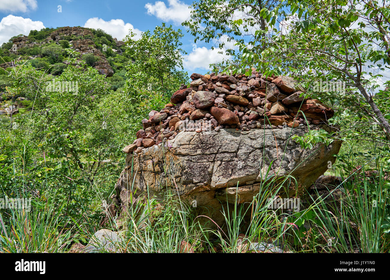 Ritual stone pile in landscape of Tsodilo Hills, Botswana, Africa ...