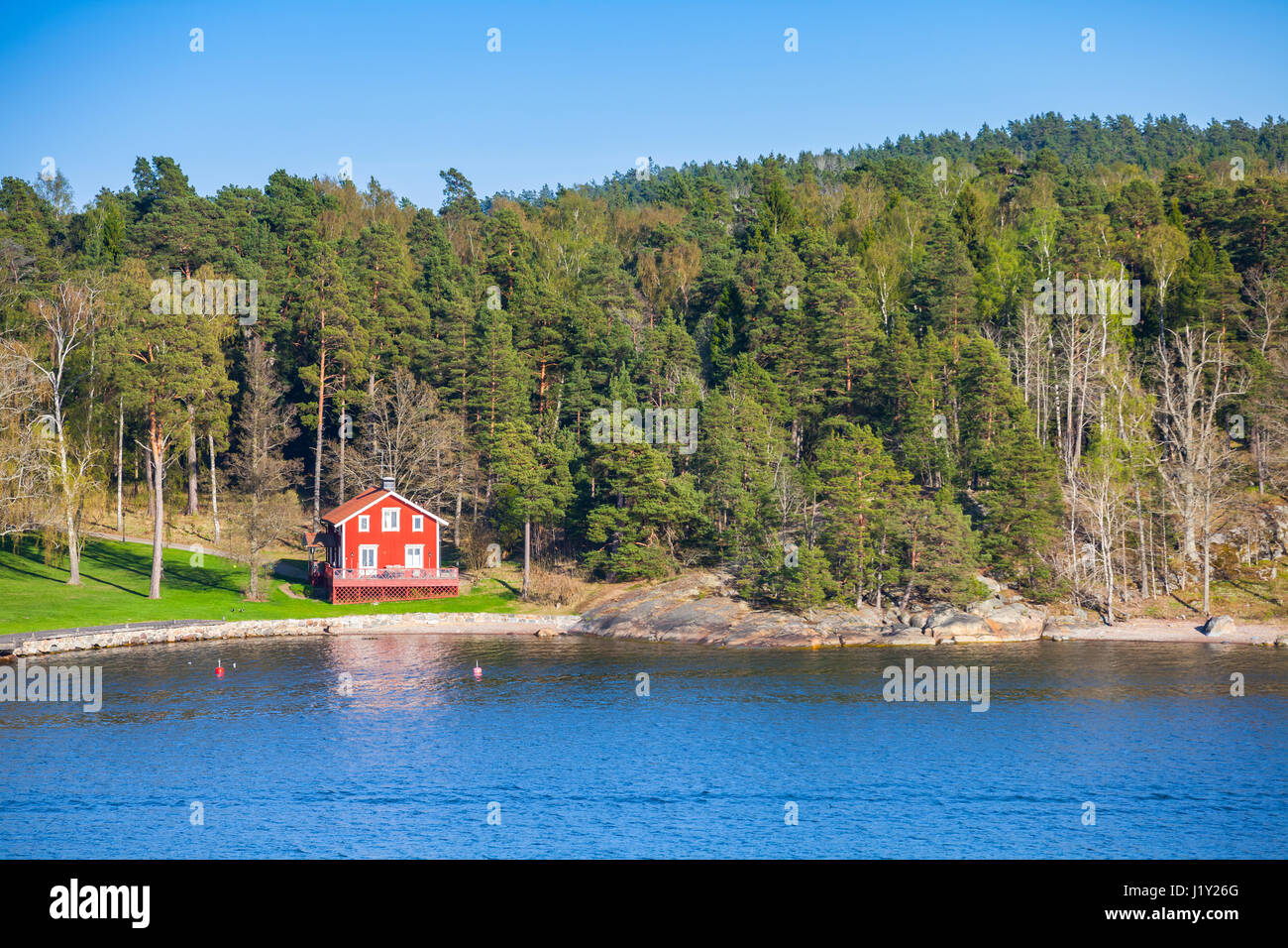 Swedish rural landscape, coastal village with red wooden house Stock ...