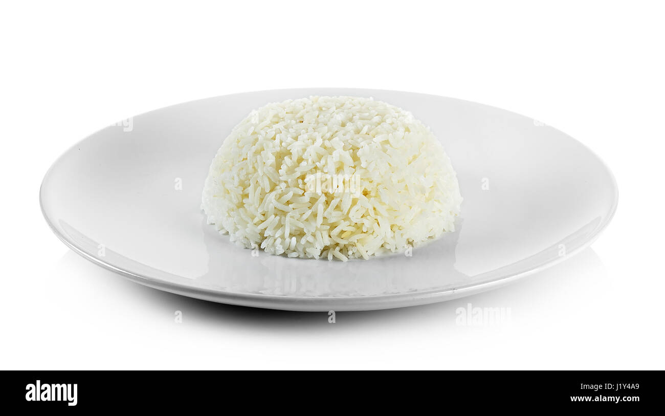 Cooked rice with plate isolated on white background Stock Photo - Alamy