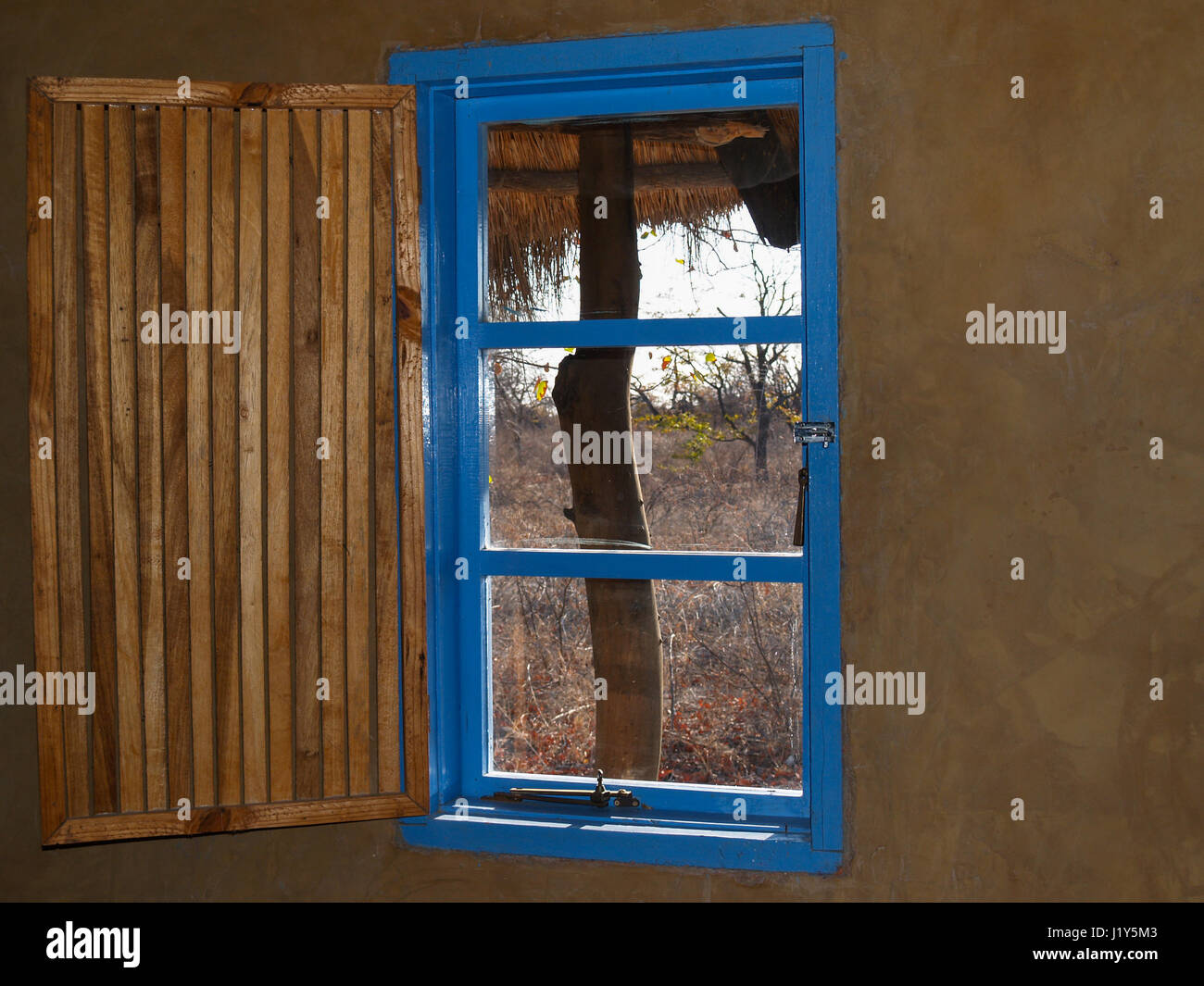 Bright blue window with open slat slat wooeden shutter and view out to ...