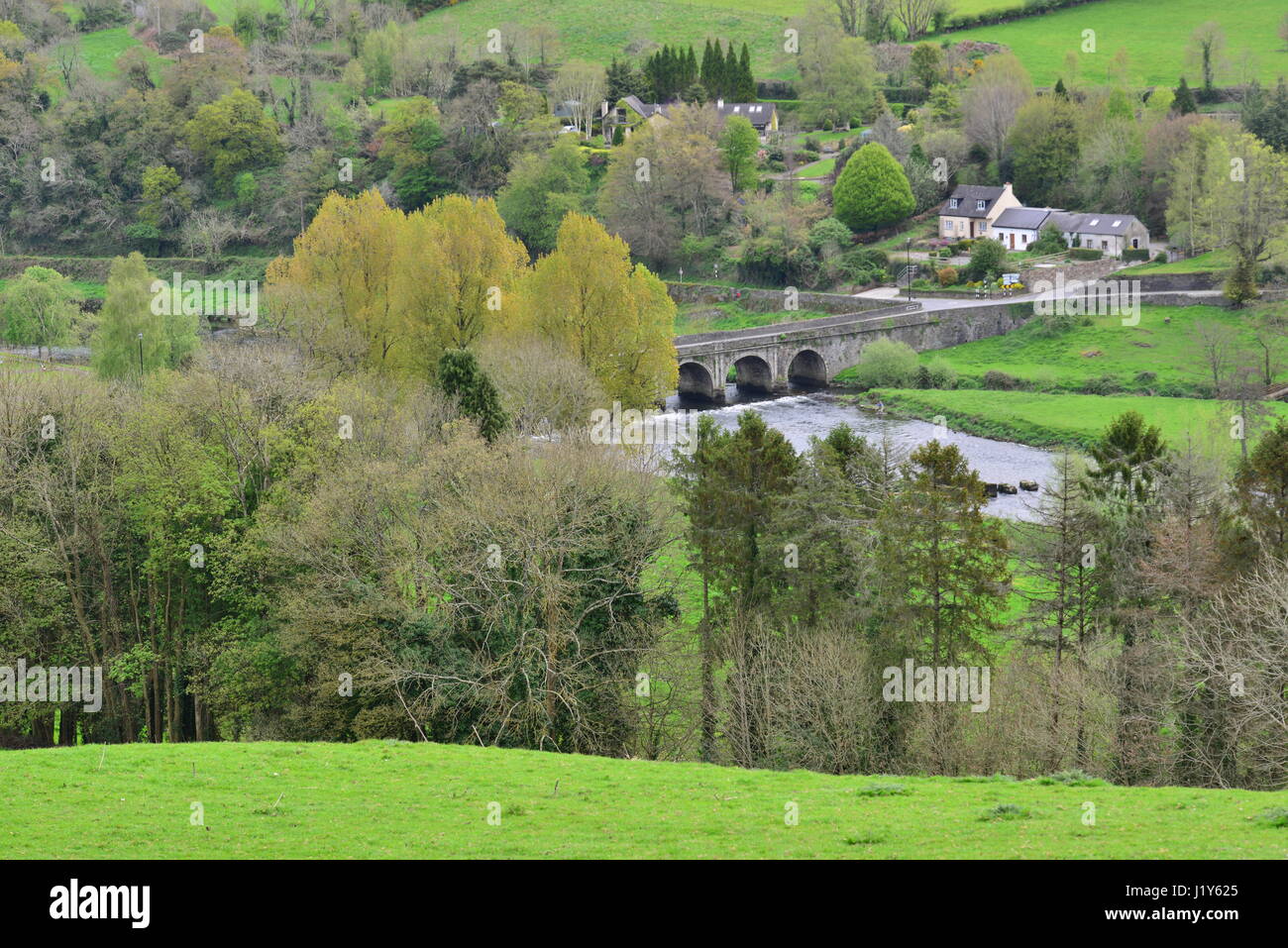 Looking down at the bridge at Inistioge, Ireland on a spring day Stock ...