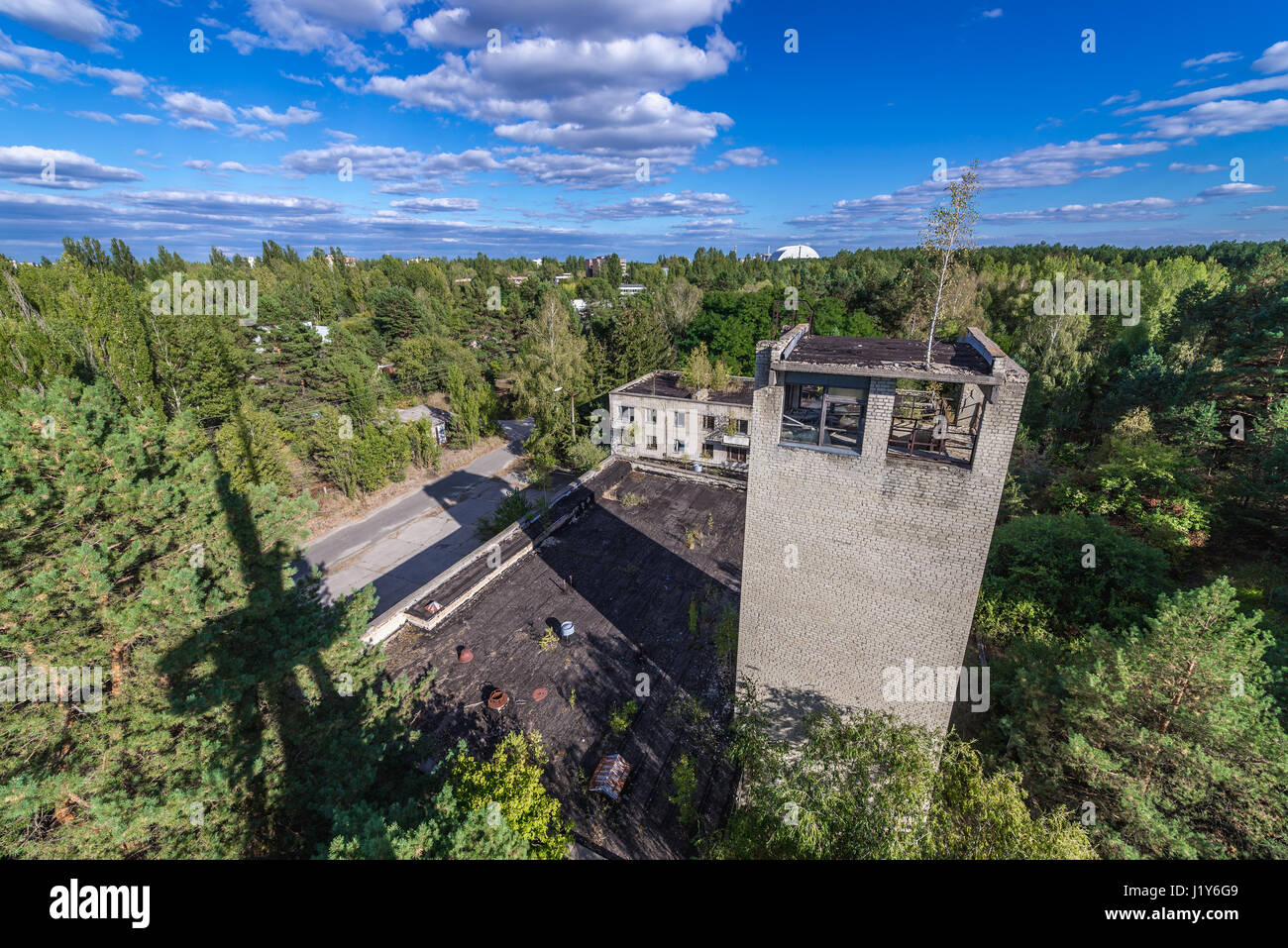Fire station seen from fire lookout tower in Pripyat ghost city of ...