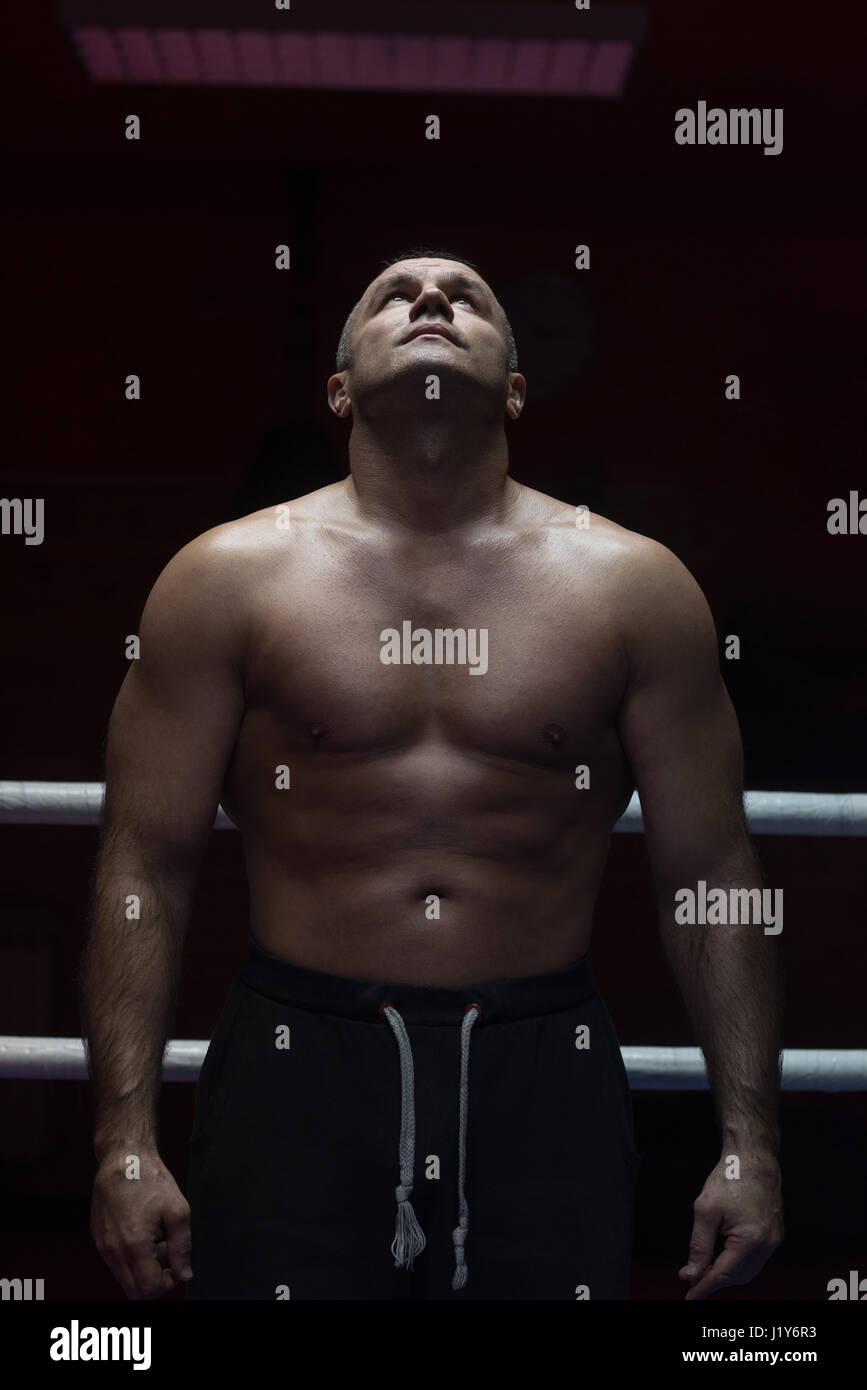 portrait of muscular professional kickboxer who standing in the ring ...