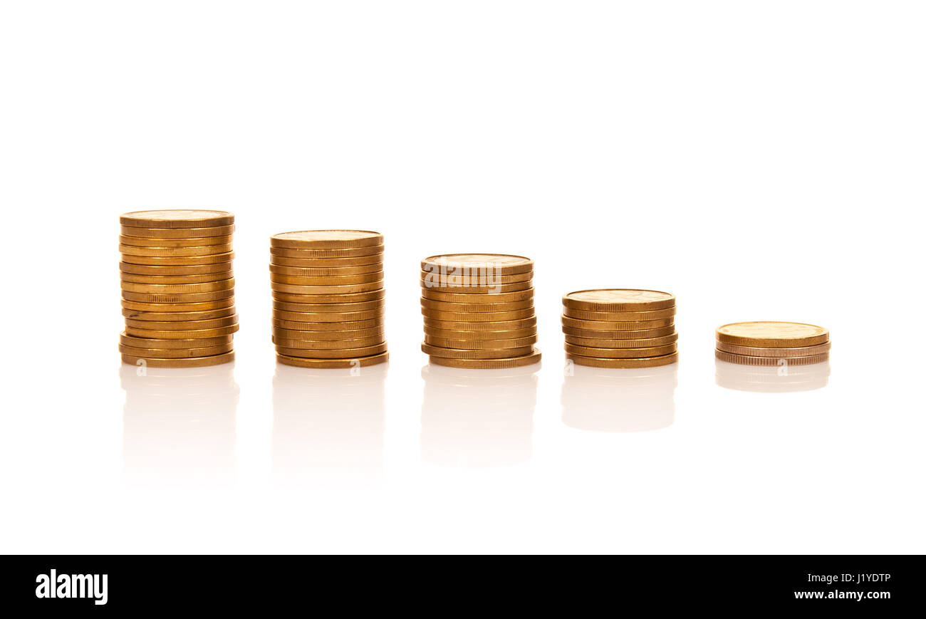 five stacks of golden coins in growth, isolated on white Stock Photo ...