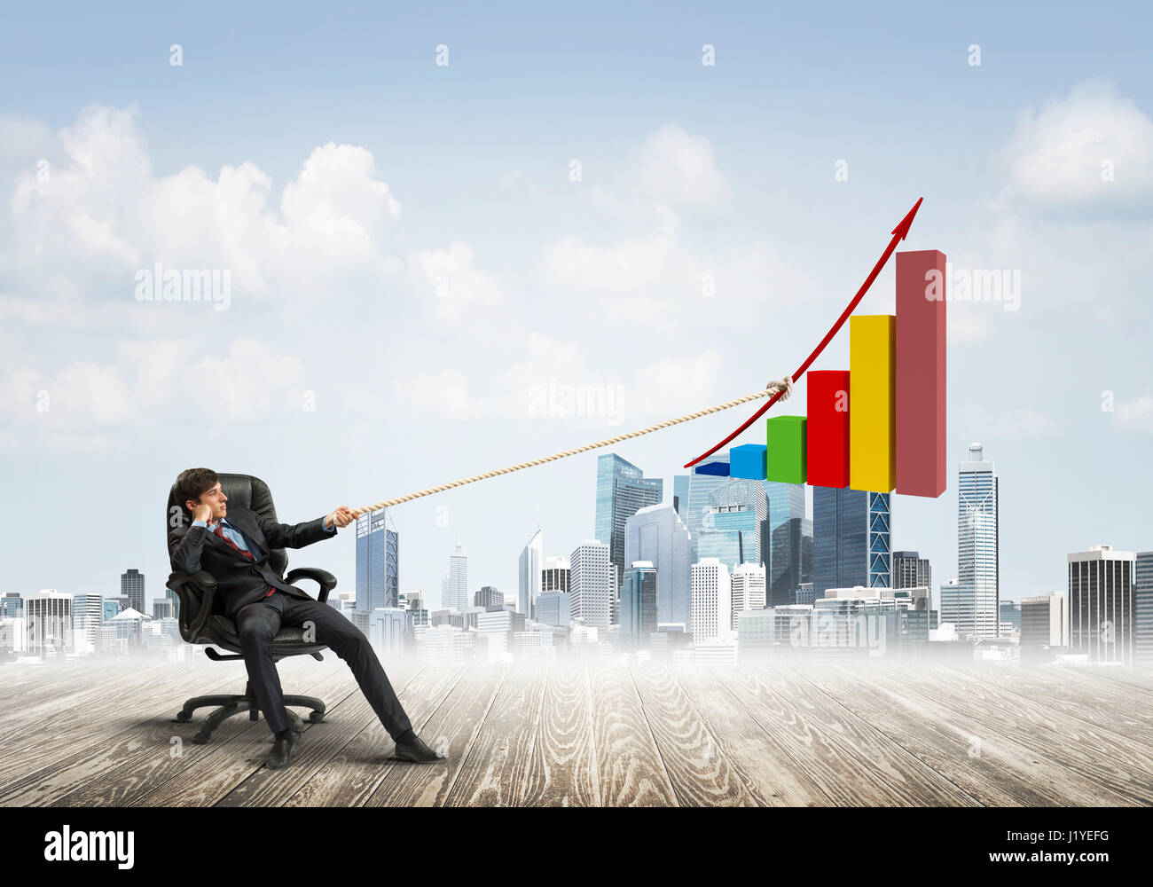 Man pulling with effort big pulling rope graph, as a symbol of ...