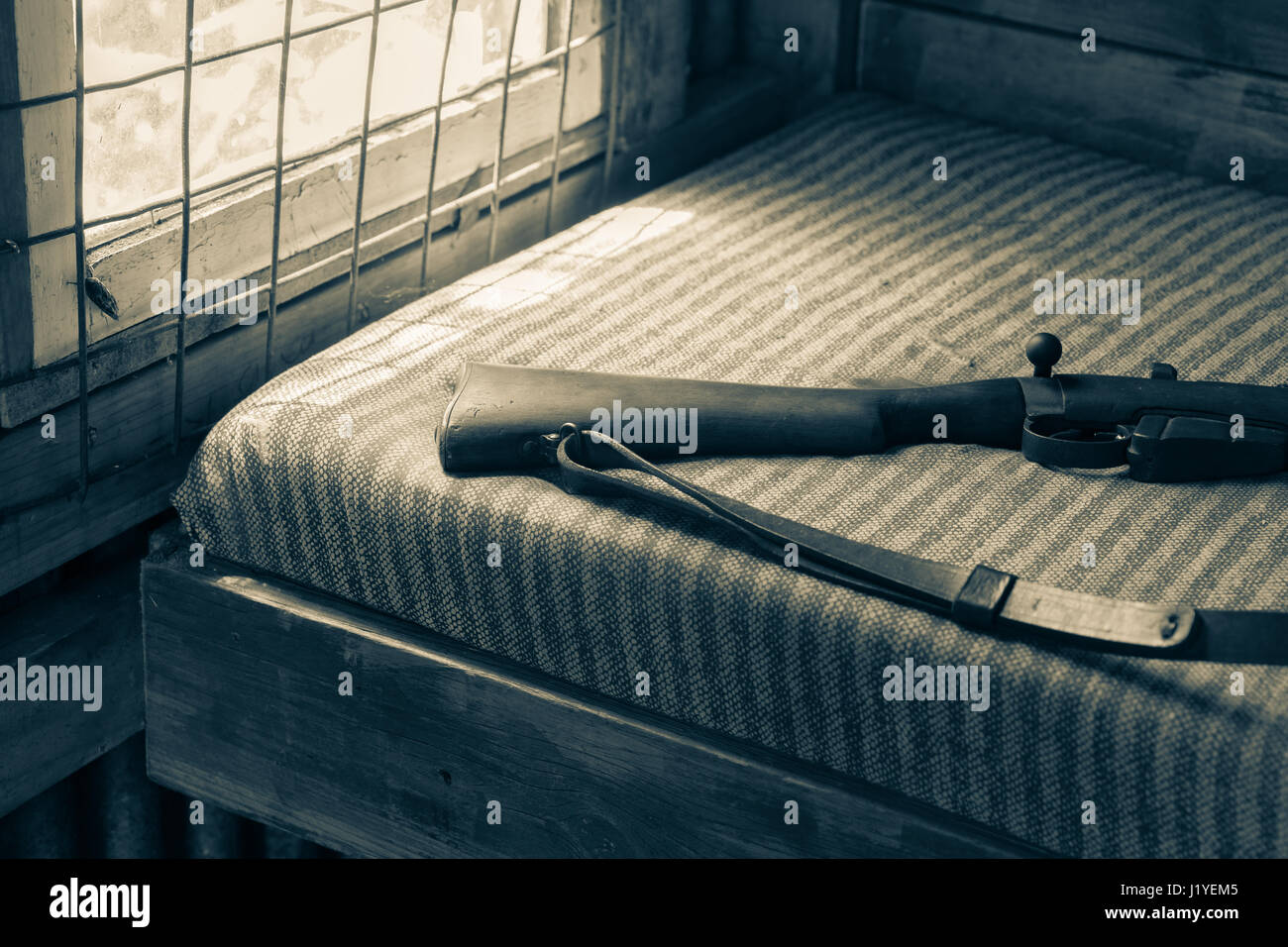 Daylight through barred window onto wooden stock of well used rifle on ...
