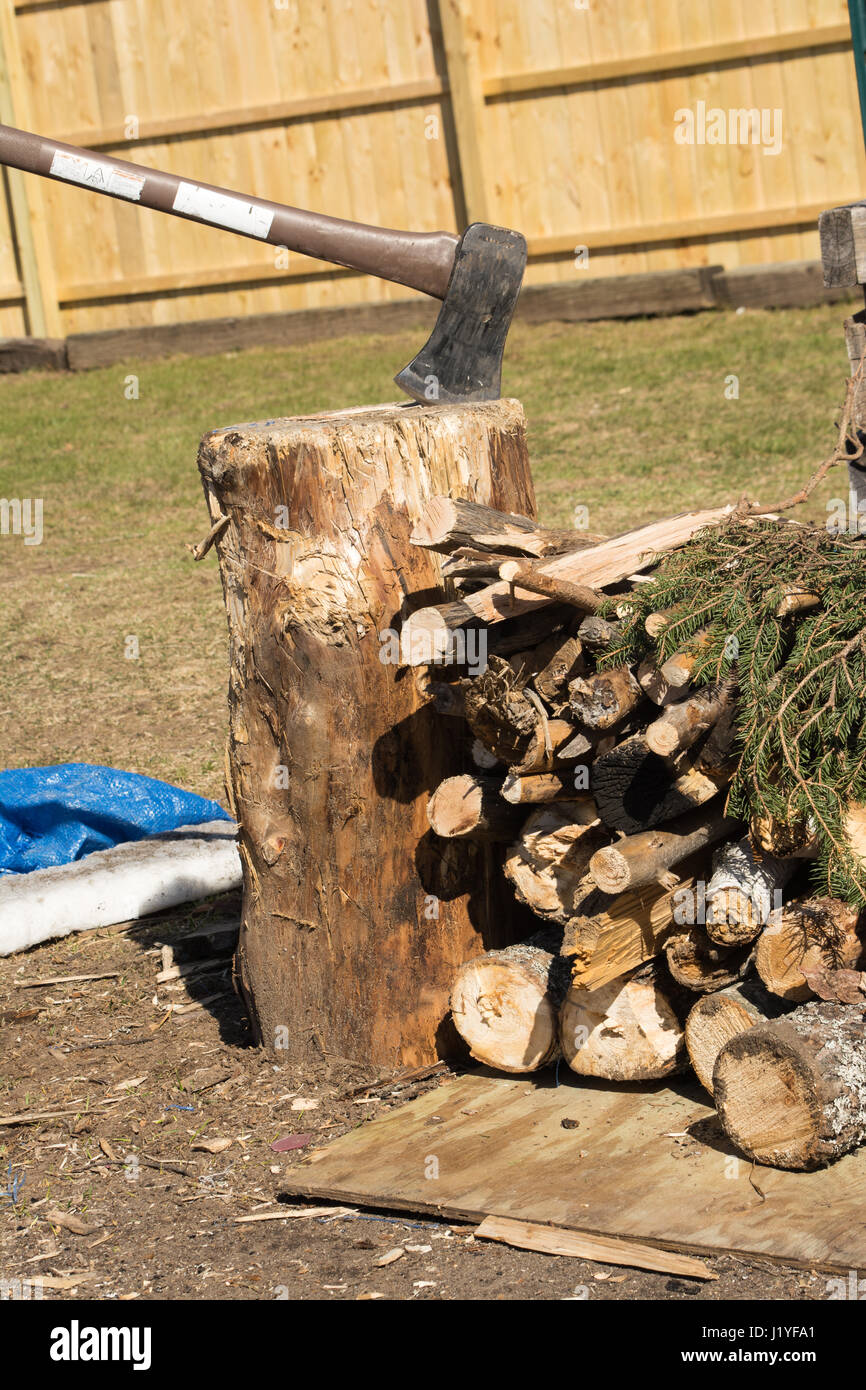 axe splitting camp fire wood on a stump Stock Photo - Alamy