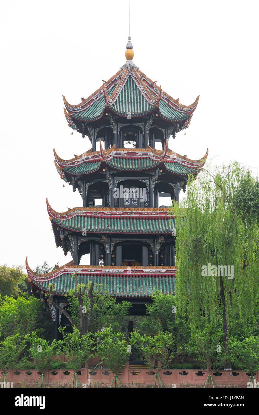 pagoda and trees against white sky, Chengdu, Sichuan Province, China ...