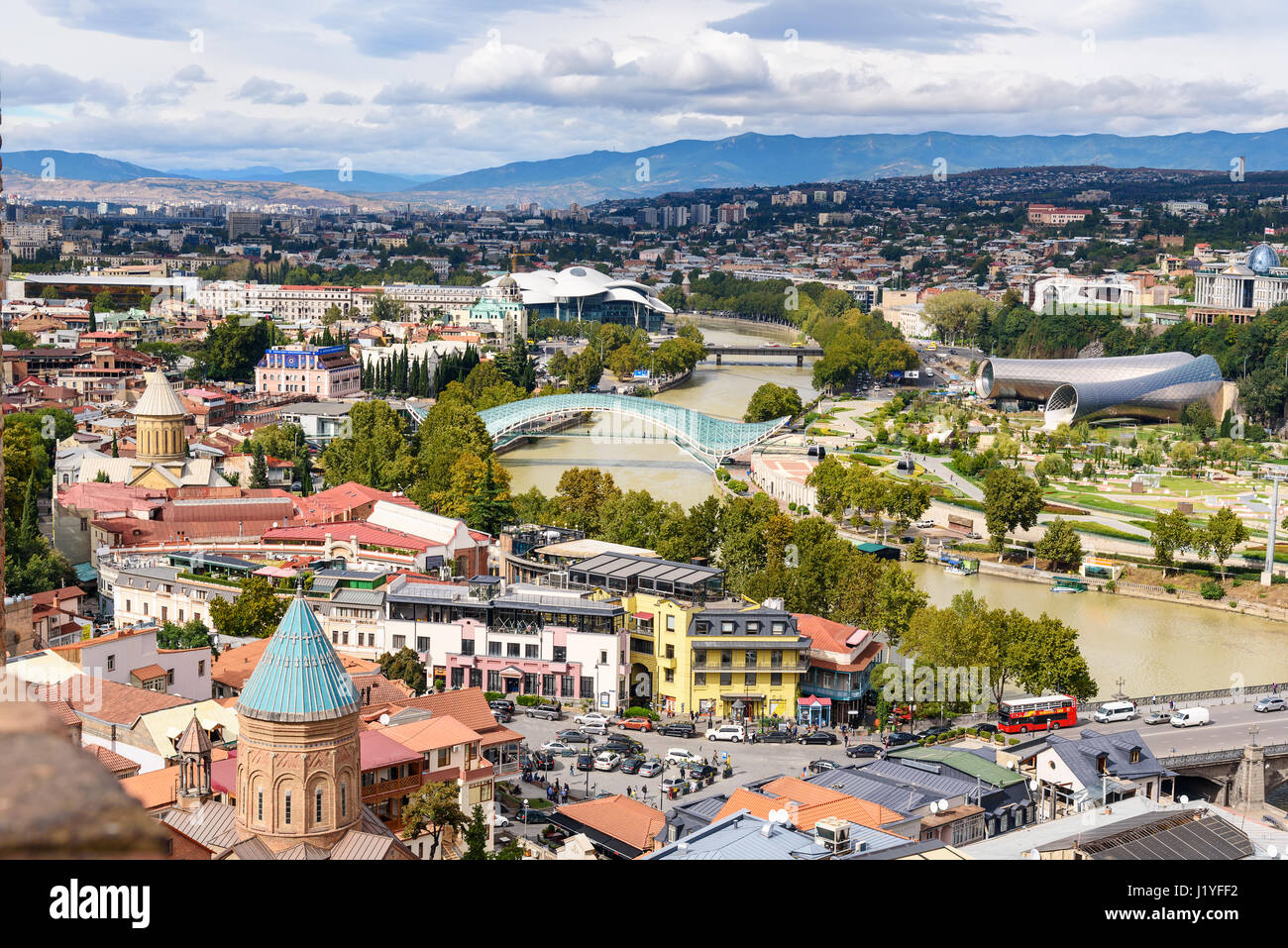 View of city center Tbilisi with Rike Park, river Kura, Bridge of Peace ...