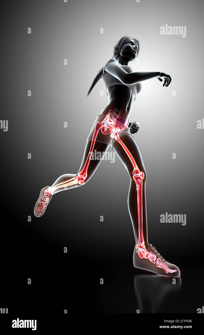 3d illustration - woman runing pose with x-ray joint and legs skeleton ...