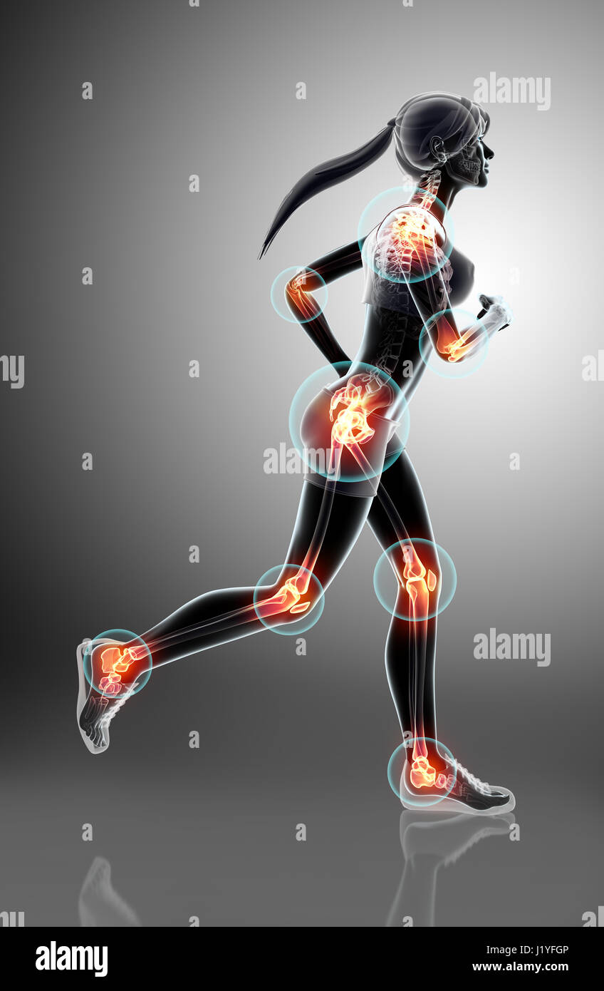 3d illustration - woman runing pose with x-ray joint position and ...