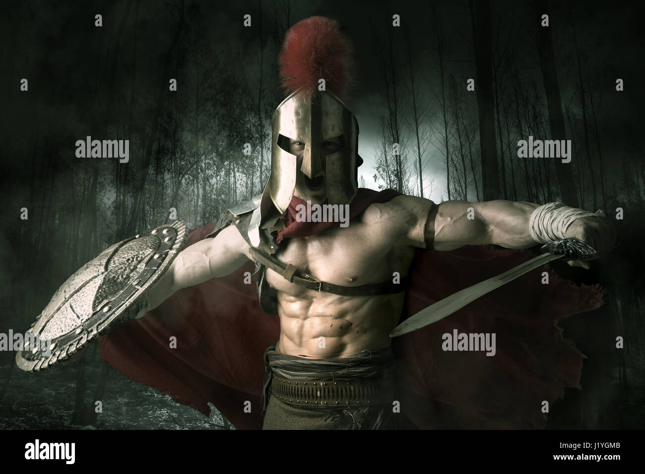 Ancient warrior or Gladiator ready to battle in a dark forest Stock ...