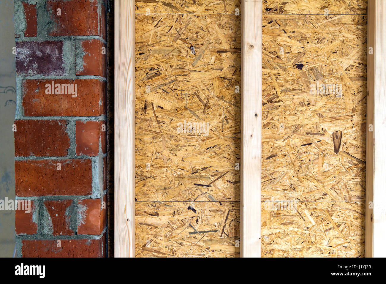 Close up detail of house construction wooden wall elements. Interior ...