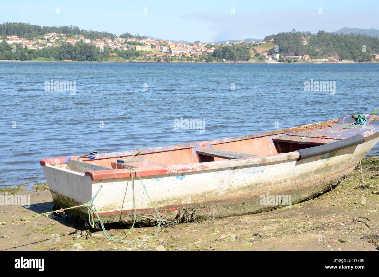 Sailor boat at the foreground of the sea the Rias of Pontevedra in ...