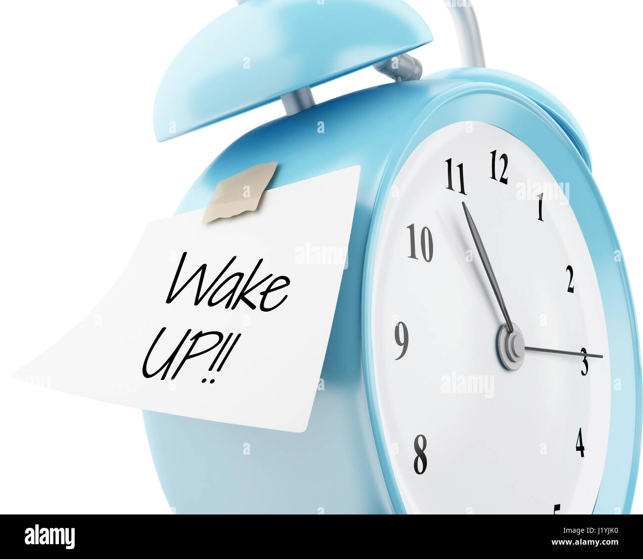 3d illustration. Alarm clock with sticky paper written "wake up ...