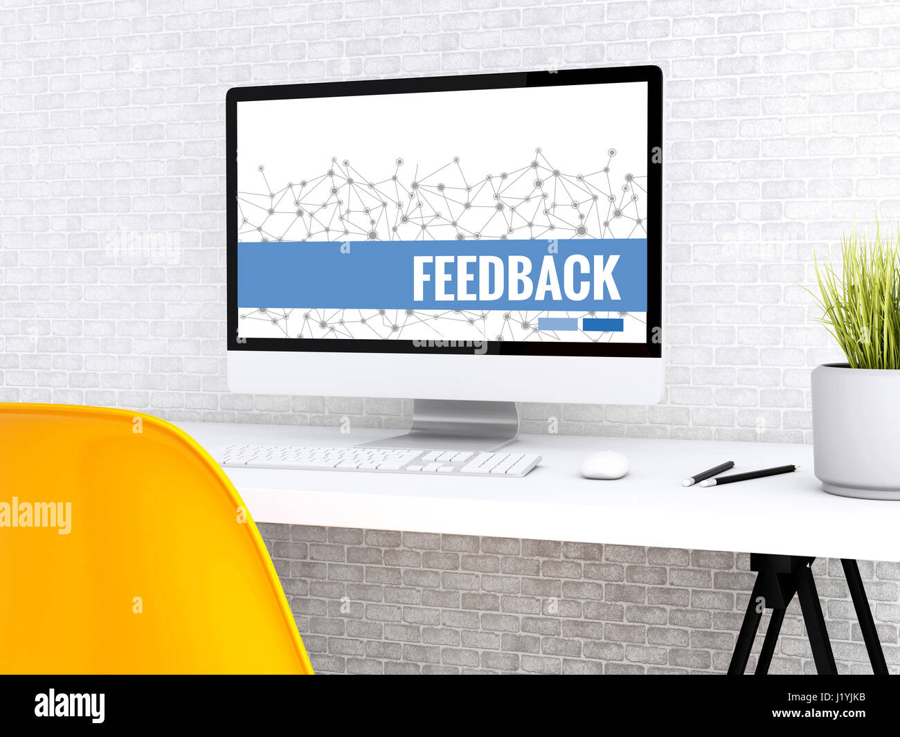 3D illustration. Modern workspace and computer with words FEEDBACK ...