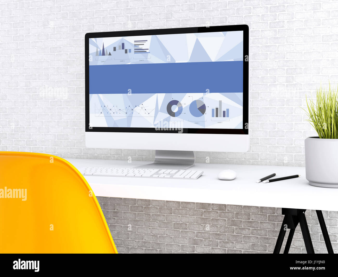 3D illustration. Modern workspace with computer. Technology and ...
