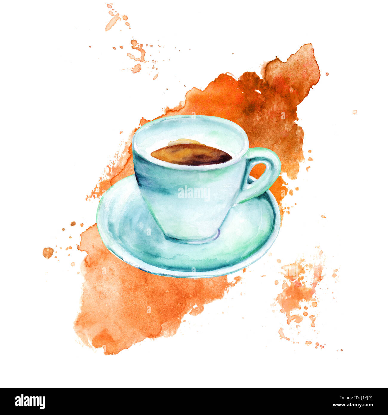 A watercolour drawing of a cup of coffee in teal hues, on a coffee ...