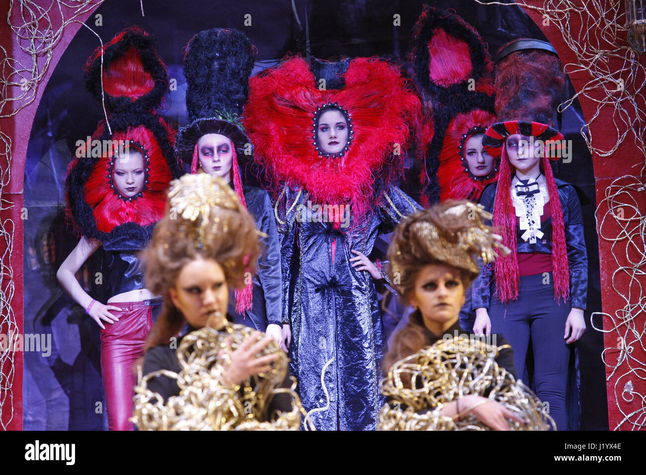 Kiev, Ukraine. 22nd Apr, 2017. Models pose during a hair styling ...