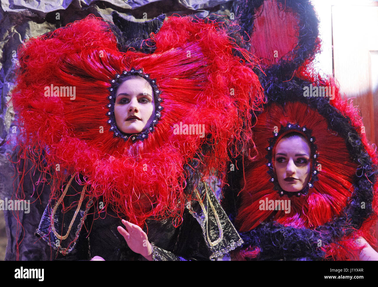 Kiev, Ukraine. 22nd Apr, 2017. Models pose during a hair styling ...