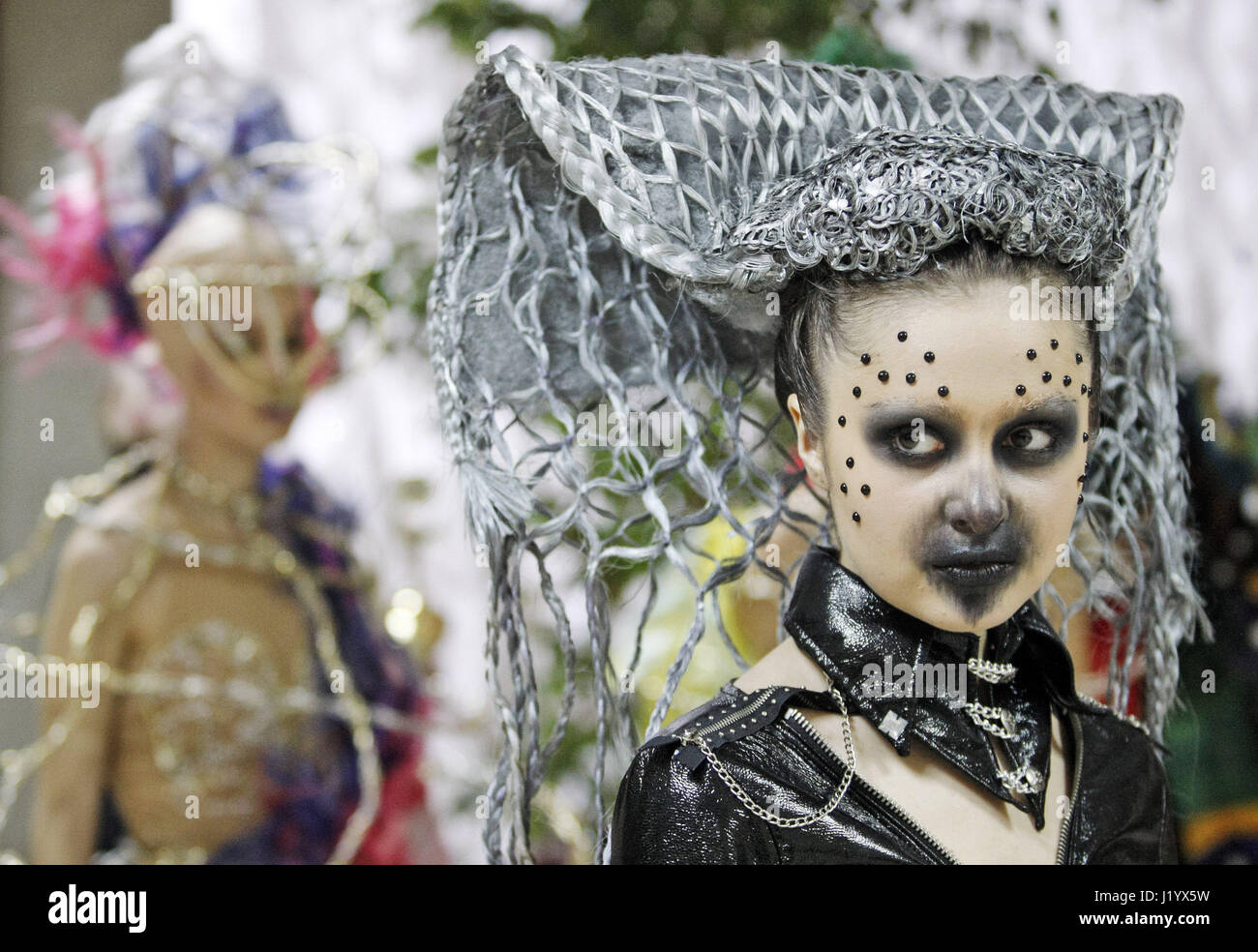 Kiev, Ukraine. 22nd Apr, 2017. Models pose backstage during a hair ...