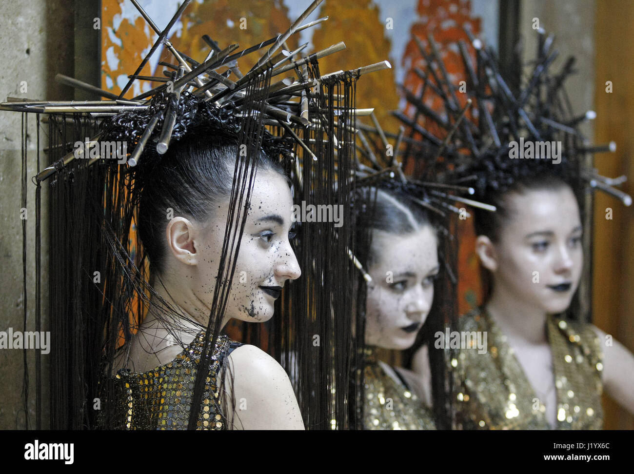 Kiev, Ukraine. 22nd Apr, 2017. Models pose backstage during a hair ...