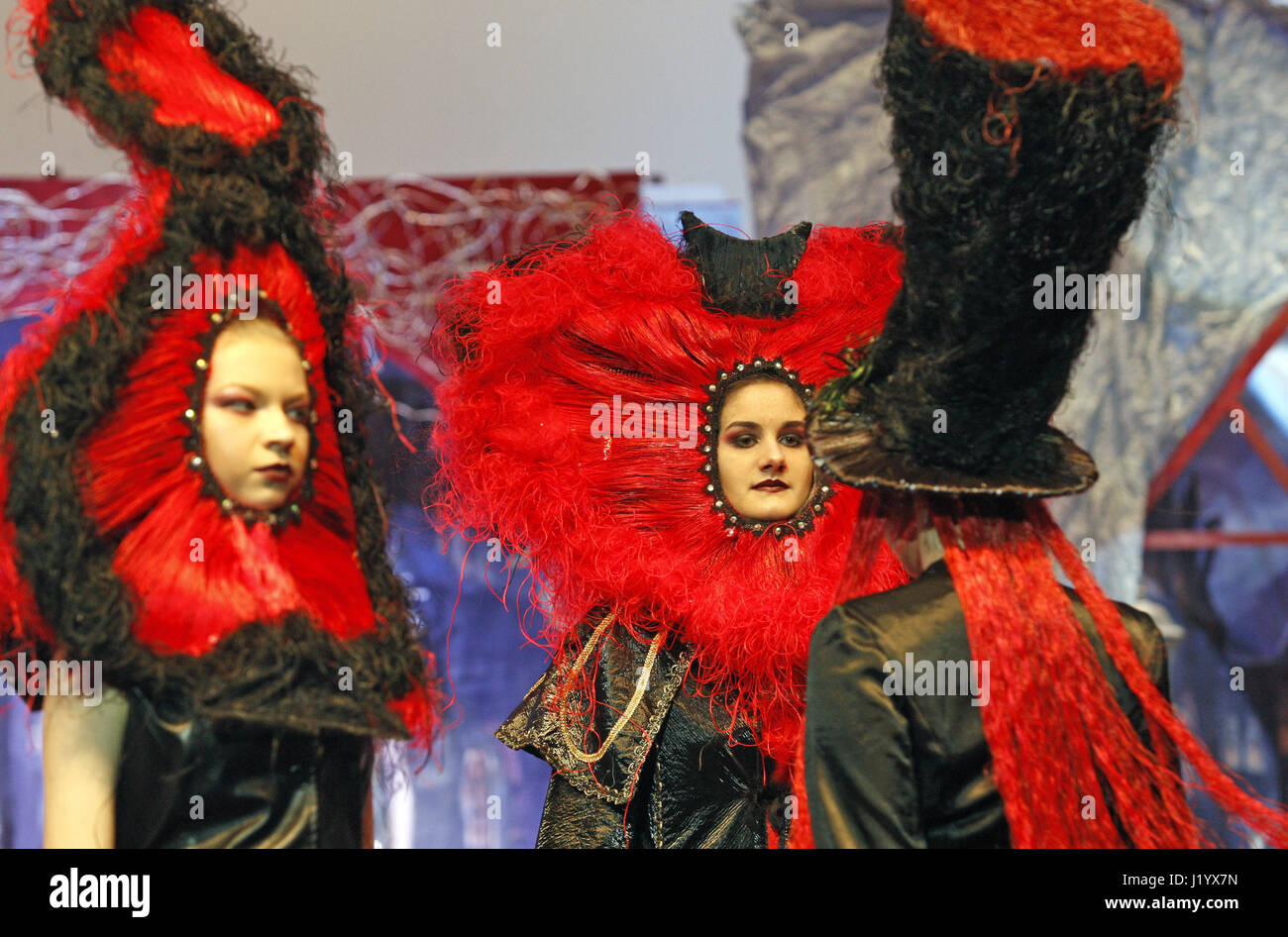 Kiev, Ukraine. 22nd Apr, 2017. Models pose during a hair styling ...