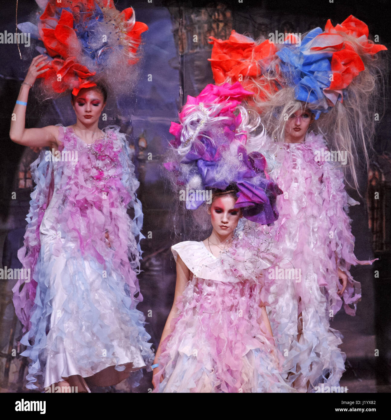 Kiev, Ukraine. 22nd Apr, 2017. Models pose during a hair styling ...
