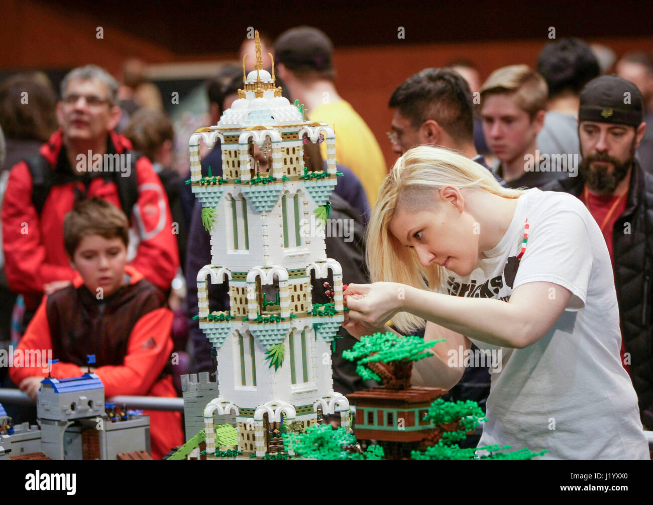 Vancouver, Canada. 22nd Apr, 2017. An exhibitor demonstrates her LEGO ...