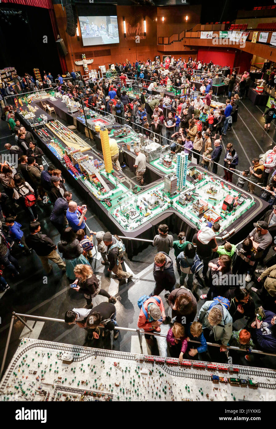 Vancouver, Canada. 22nd Apr, 2017. People look at LEGO installations ...