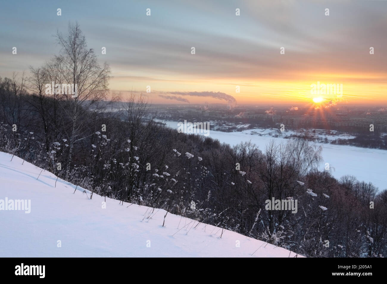 Nizhny Novgorod scenery with the view of the Oka river and snow-covered ...