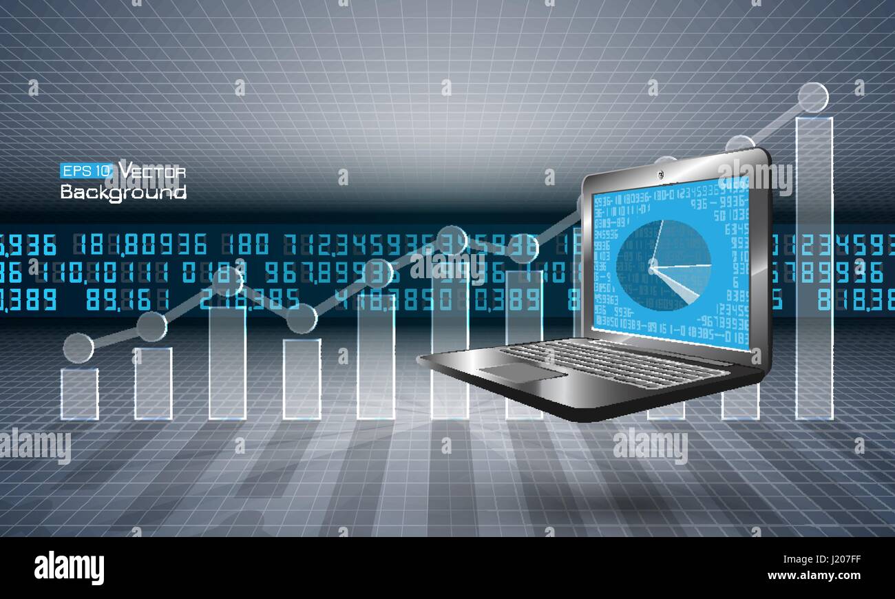 Computer laptop with graph. Numbers on dark background.Used a clipping ...