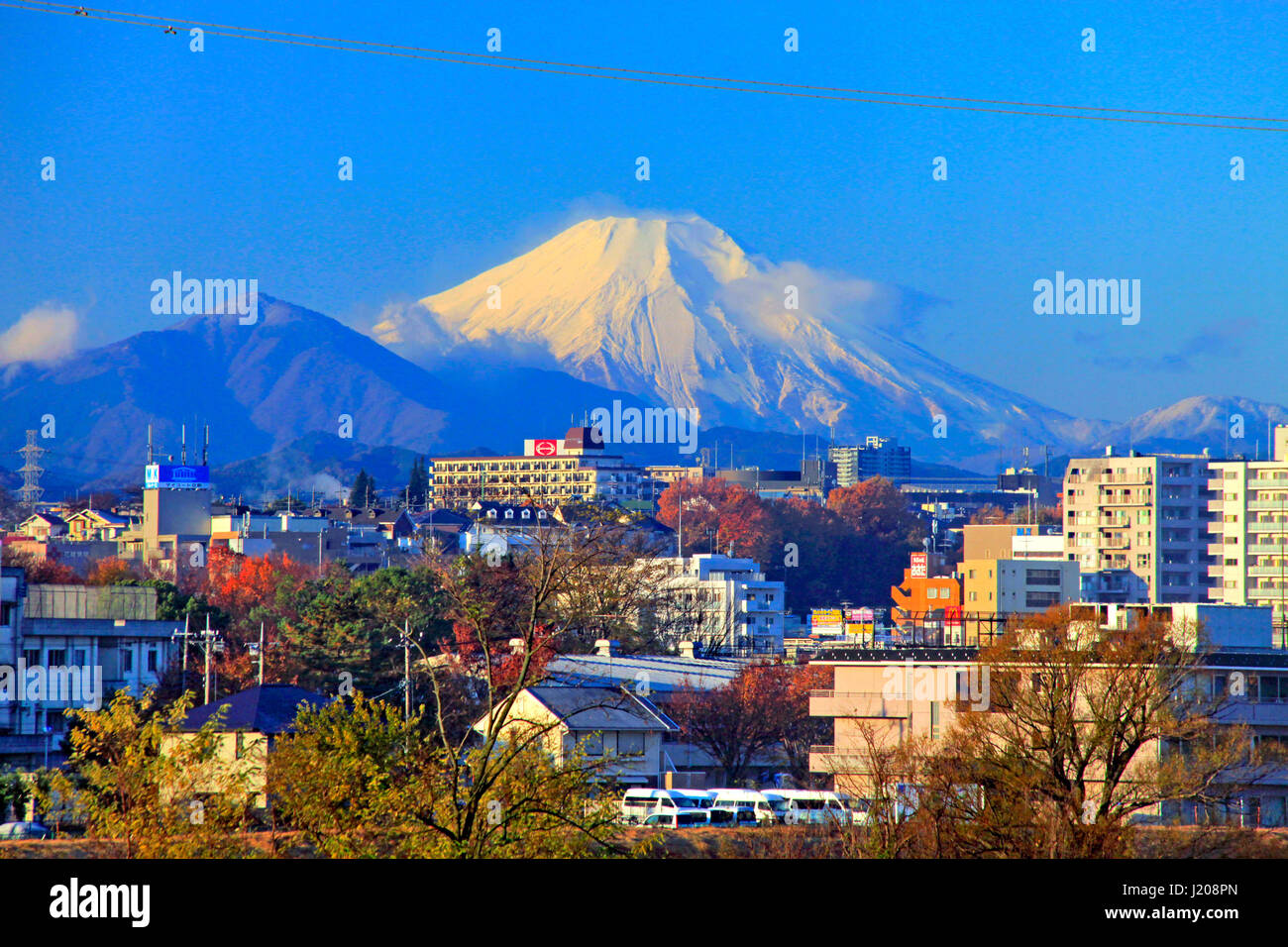 Mount Fuji and Cityscape of HIno View from Tama River Tachikawa Tokyo ...