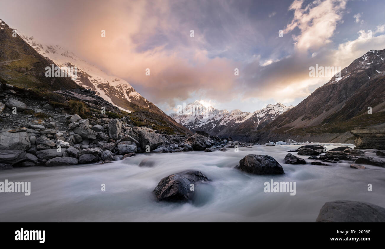Hooker River, Hooker Valley, Rear Mount Cook, Mount Cook National Park ...