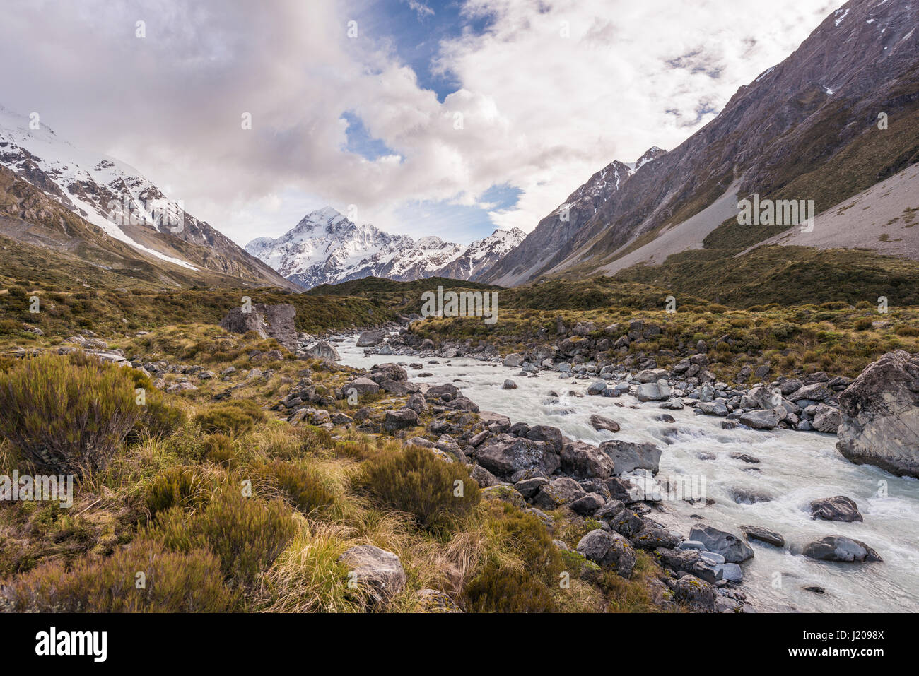 River flowing through valley, Hooker River, at back Mount Cook, Hooker ...