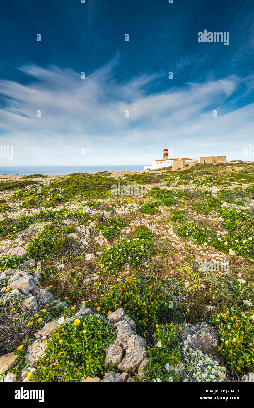 Lighthouse at Cabo de Sao Vicente, Algarve, Portugal. The lighthouse is ...