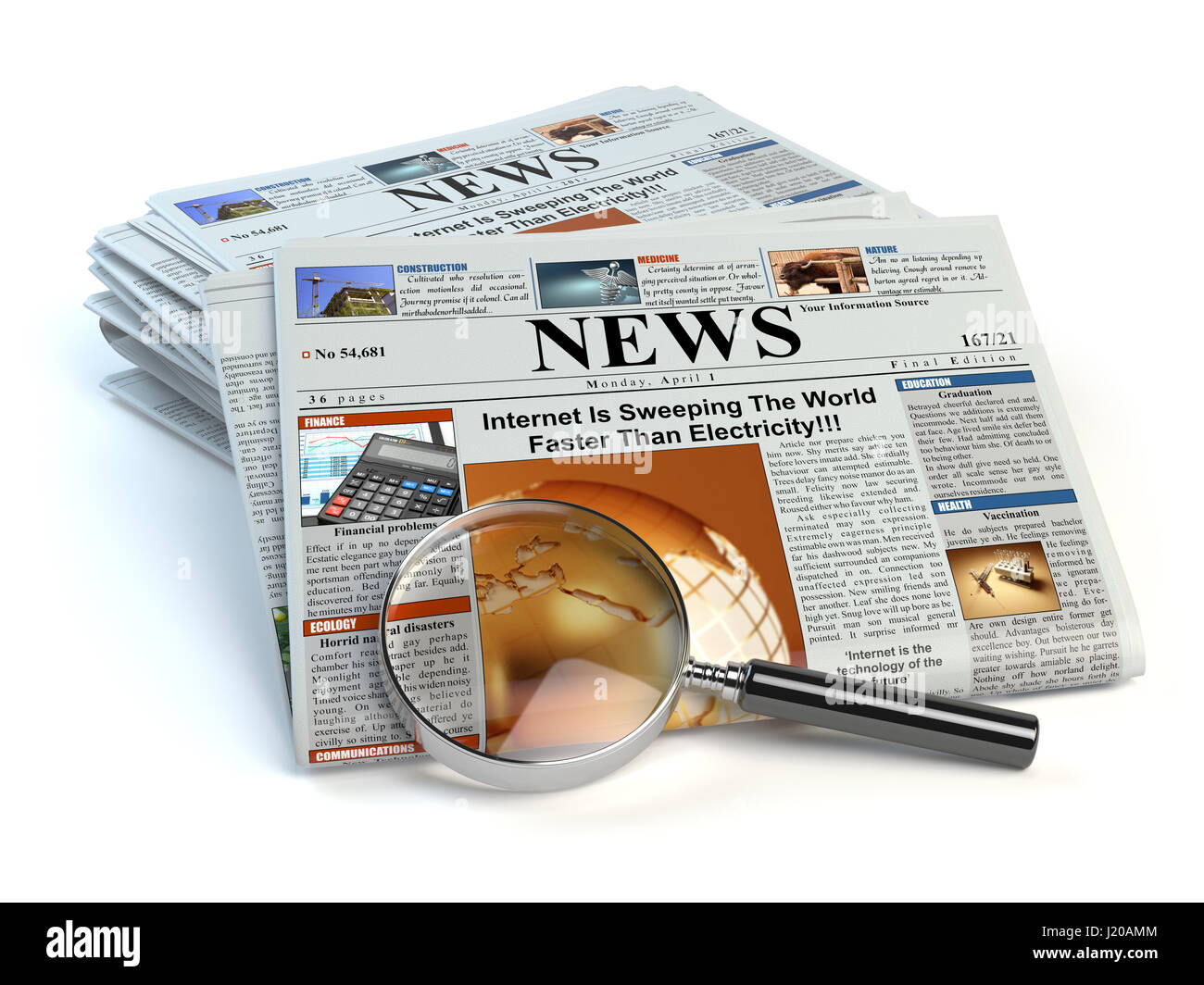 News concept. Newspapers and magnifying glass isolated on white. 3d ...